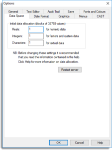 Options - Data Space • Genstat Knowledge Base 2024