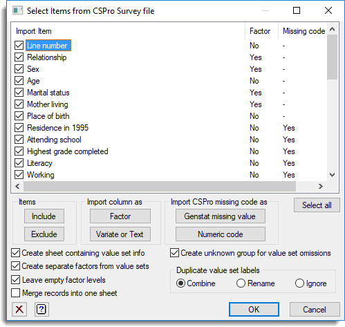 Select items from CSPro survey file • Genstat Knowledge Base