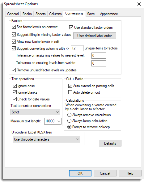 Spreadsheet Options - Conversions • Genstat Knowledge Base