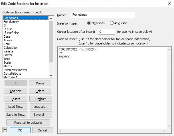 Edit Code Sections for Insertion • Genstat Knowledge Base