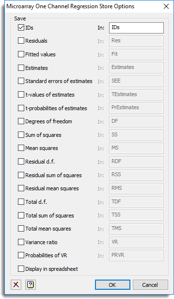 Microarray One Channel Regression Store Options • Genstat Knowledge Base