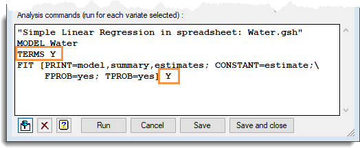 Including Analysis Commands in a Spreadsheet • Genstat Knowledge Base